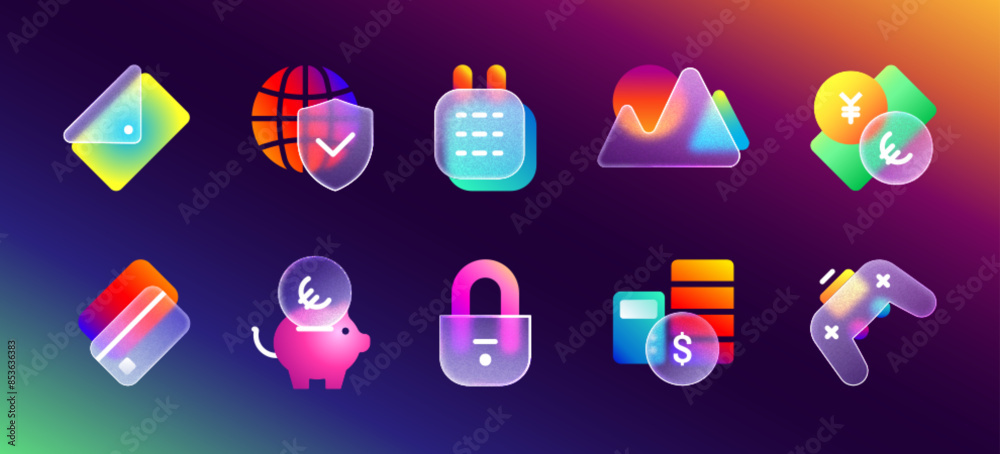 Transparent matte glass morphism ui icons with purple neon gradient ...