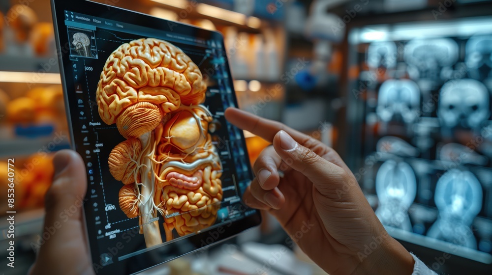 Touchscreen Brain Anatomy Display in Medical Lab. Close-up of a ...