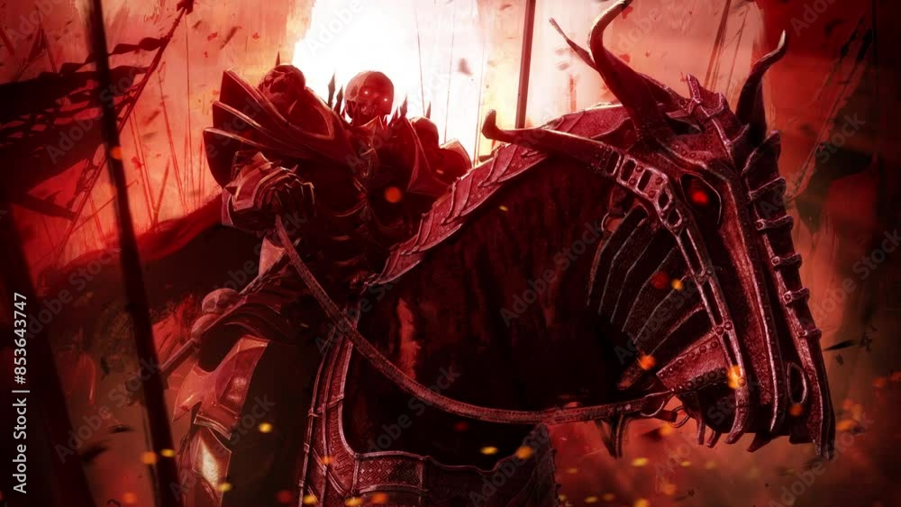 A sinister skeleton knight riding a demonic horse in plate armor. He is ...