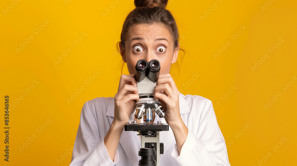 This image features a person in a white lab coat holding a microscope ...