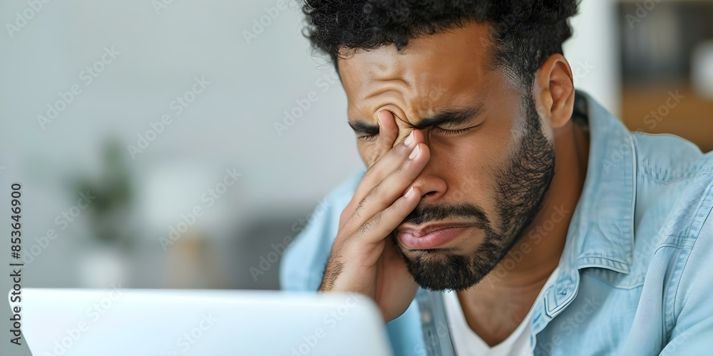 Stressed man at desk holding nose looking sad at open laptop. Concept ...