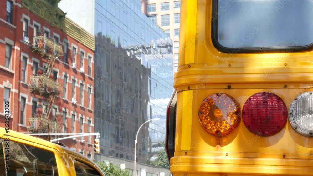 Yellow School Bus on New York Manhattan street, schoolbus truck on city ...