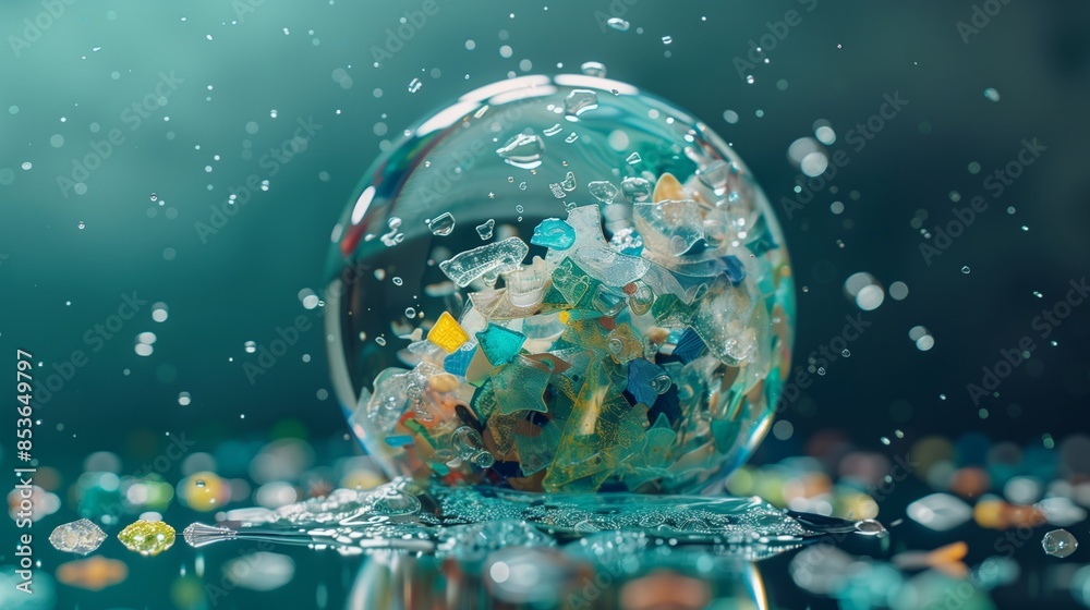 Close-up of microplastics floating in clear water, highlighting the ...