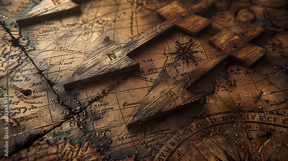 An artistic depiction of rustic wooden arrows on a vintage map ...