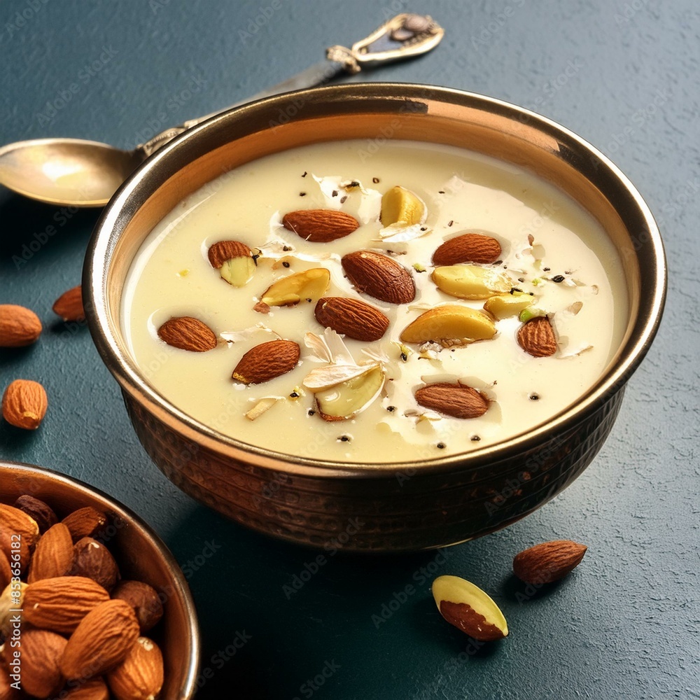 Indian special sweet food rabri or rabdi made with pure milk garnished ...