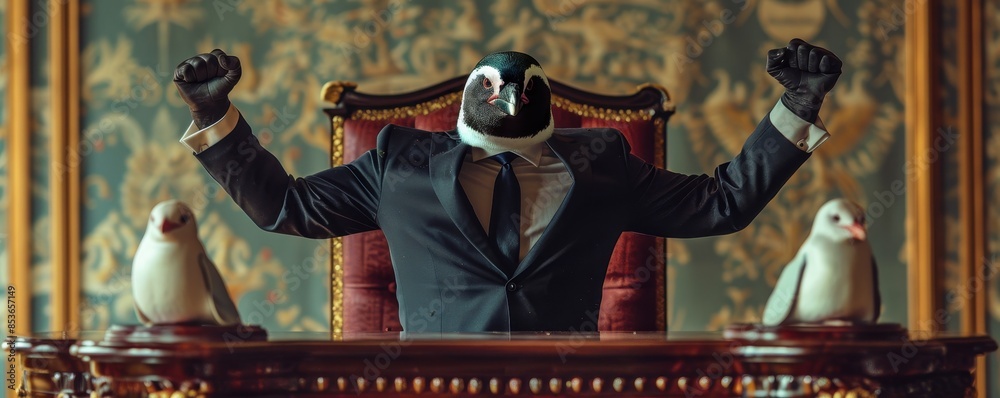 Angry penguin in a business suit, standing behind an executive desk ...