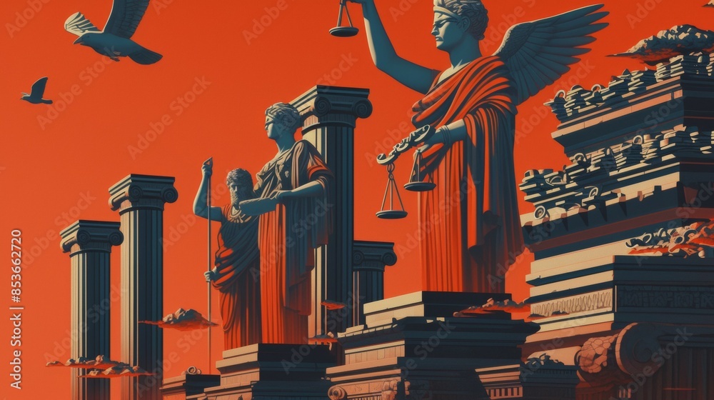 Zeus, god of justice, holding aloft scales and a gavel alongside Hermes ...