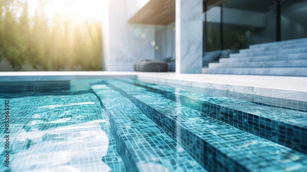 Water pump cleaning a swimming pool, corner perspective, crystal clear ...