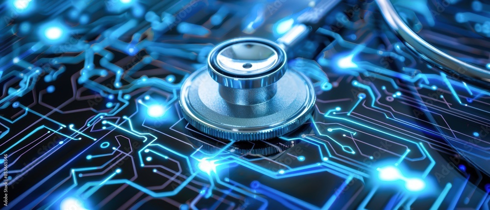 Digital health concept with a stethoscope on a high-tech background ...