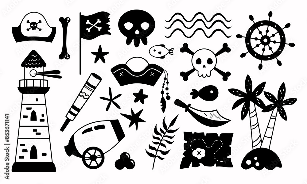 Black and white pirate clipart in cartoon flat style. Hand drawn vector ...