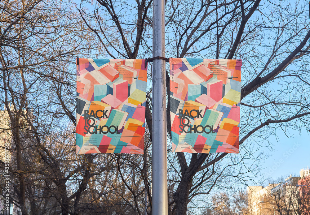 Mockup of customized vertical banners on lamp post Stock Template ...
