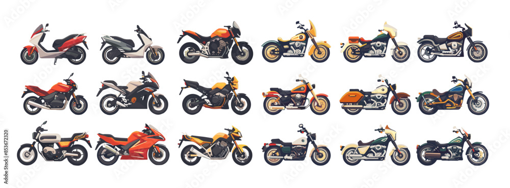 Motorcycles cartoon vector set. Sport bikes choppers road two wheel ...