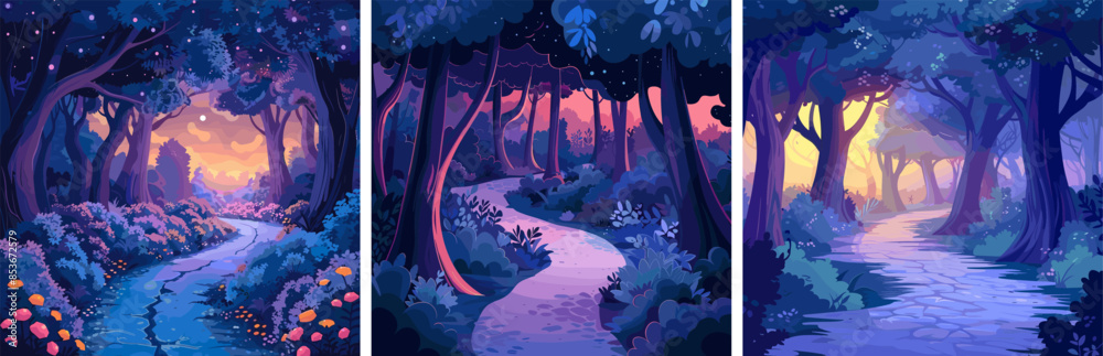 Mysterious forest cartoon vector scene. Thicket path bushes trees trail ...