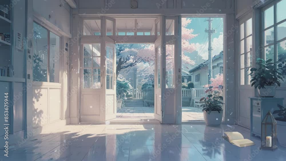 Anime-style Video of a house interior with a view of the outside. The ...
