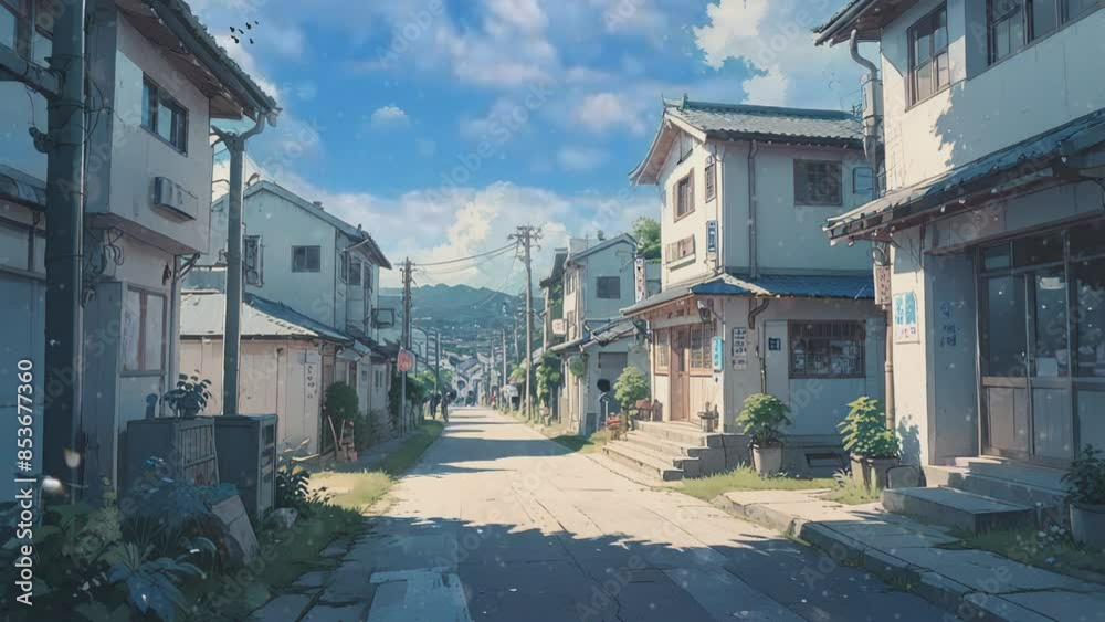Anime-style Video of a street scene in an anime-style town. There are ...