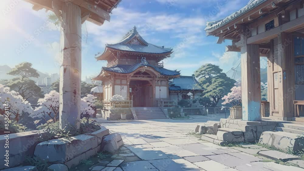 Anime-style Video of a tranquil Japanese courtyard with a cherry ...