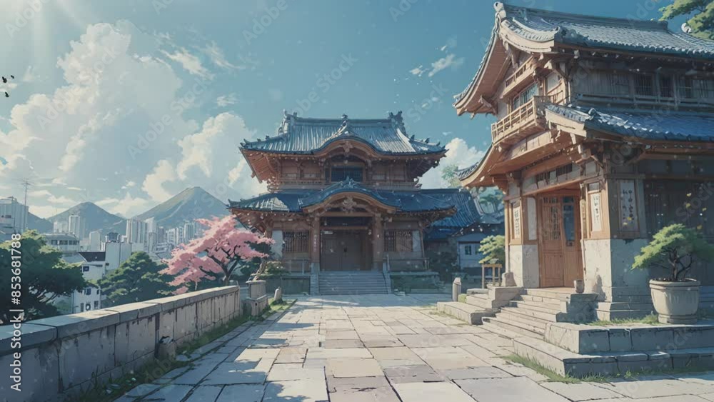 Anime-style Video of a traditional Japanese courtyard with a cherry ...