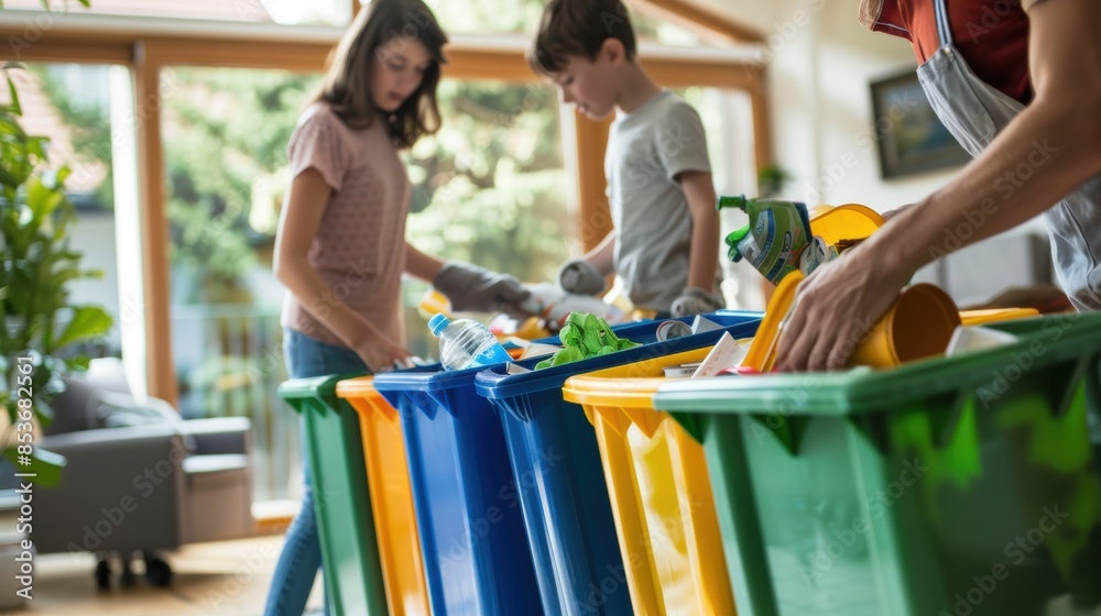 A family separating their waste into recycling bins at home, showcasing ...