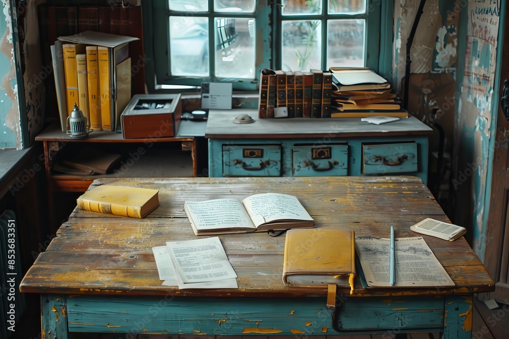 School classroom with desks, textbooks, notebooks and a large window ...
