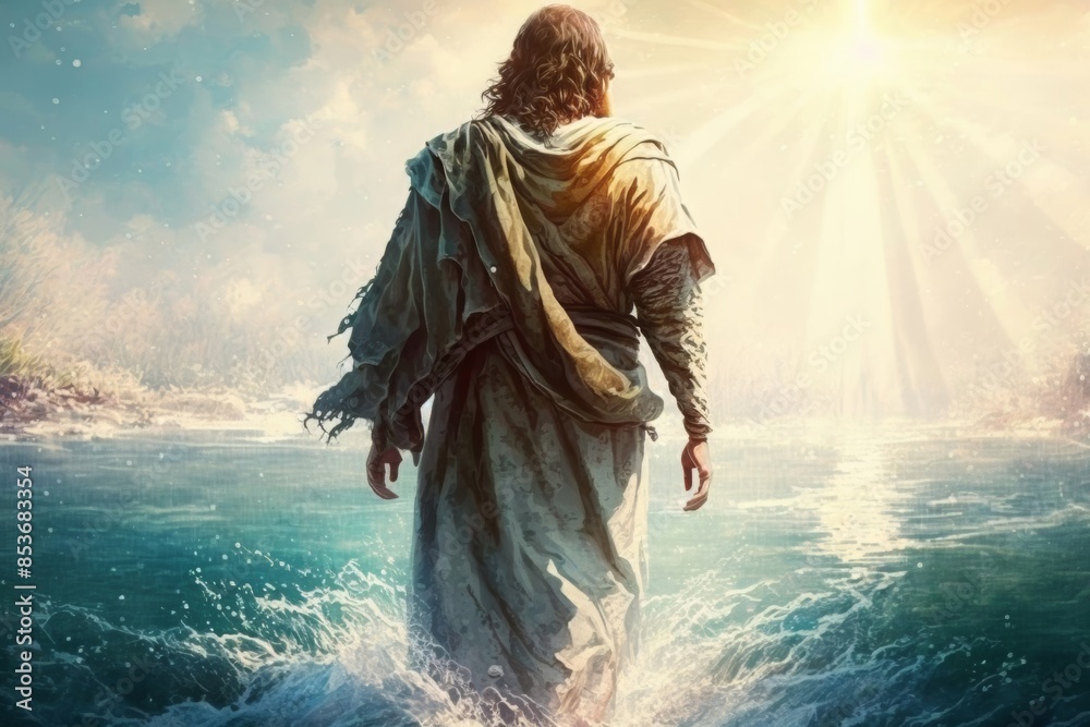 Jesus Christ in the sea. A man in a robe and a crown of thorns. Stock ...