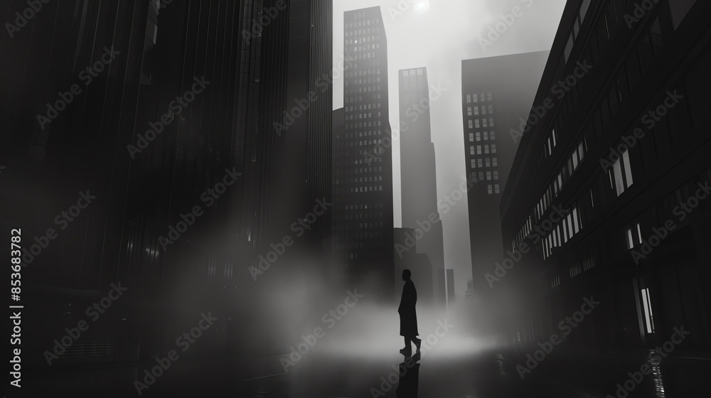 The dark and mysterious figure of a man walking alone in a foggy city ...