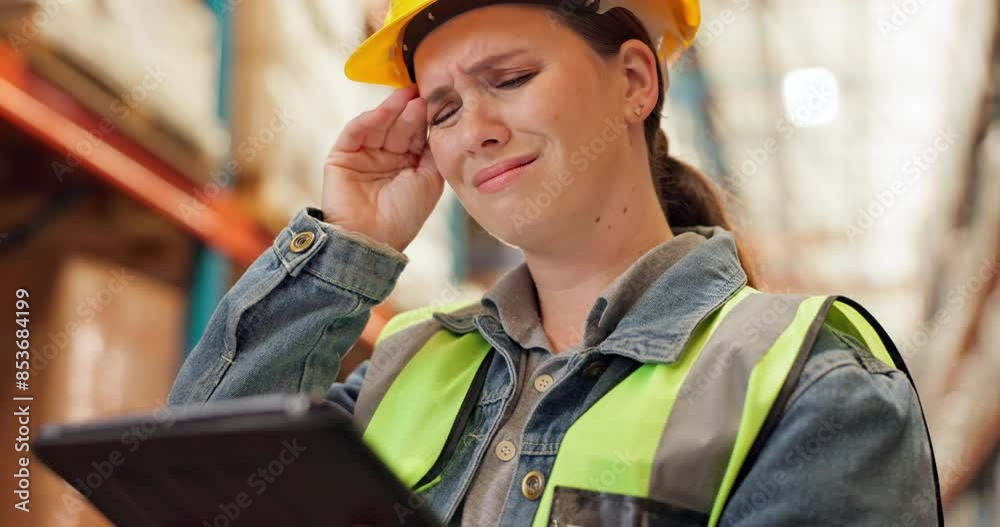 Tablet, employee and woman with headache, logistics and online and ...