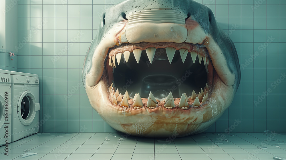 A great white sharks head breaks through a bathroom wall with open jaws ...