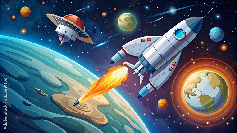 Spaceship rocket and cosmic satellite vehicle set in outer space vector ...