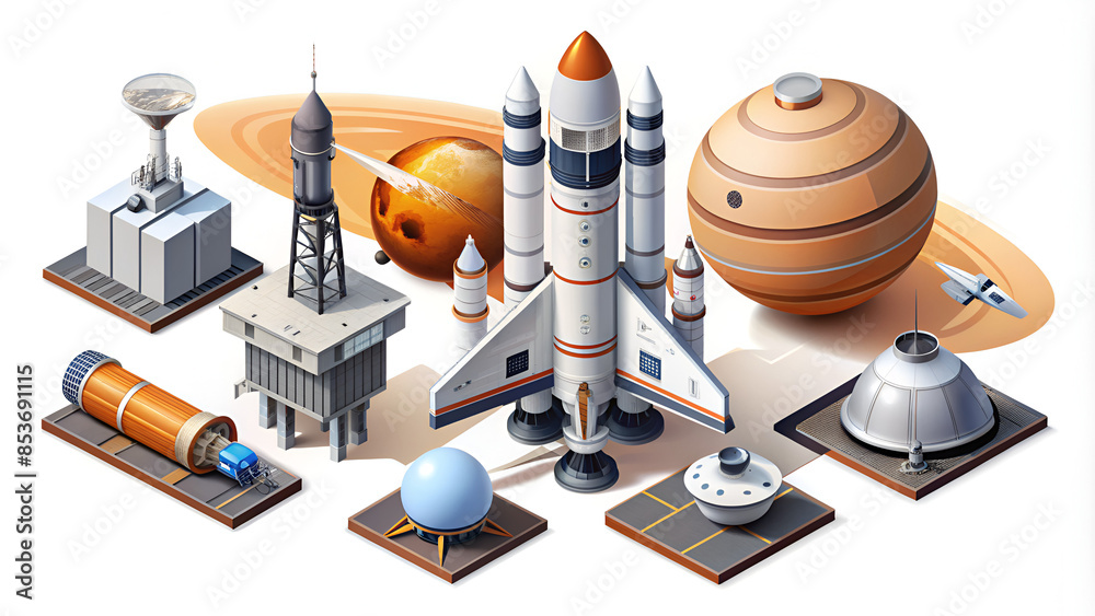 Spaceship isometric. Space shuttle, cosmic rocket, orbital satellite ...