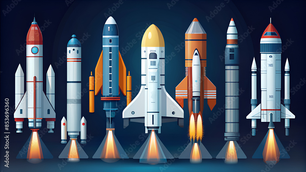Rockets and spaceships flat vector illustrations set. Space shuttles ...
