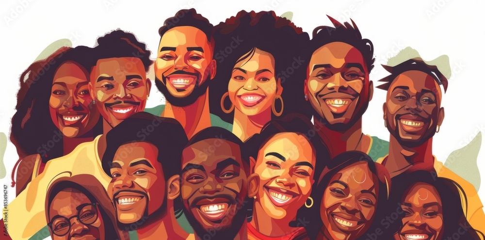 Colorful illustration of a group portrait of smiling black people with ...