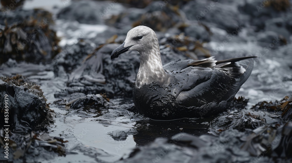 A seagull covered in oil sits on a contaminated shoreline, highlighting ...