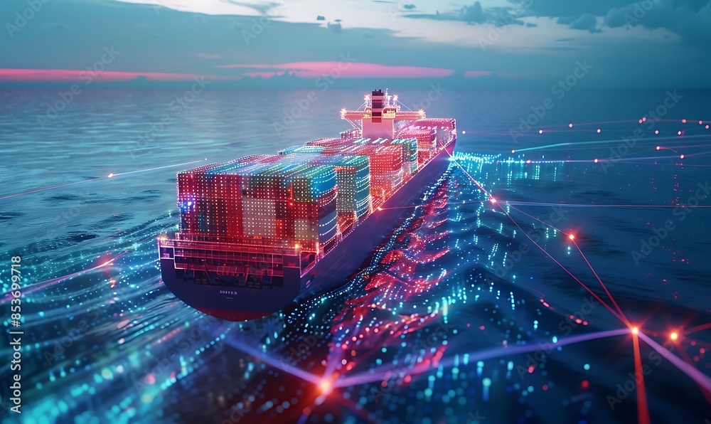 Visualization of a container ship with digital overlays showing real ...
