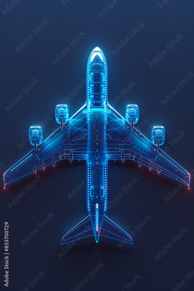top view of an airplane blueprint illuminated with neon blue and red ...