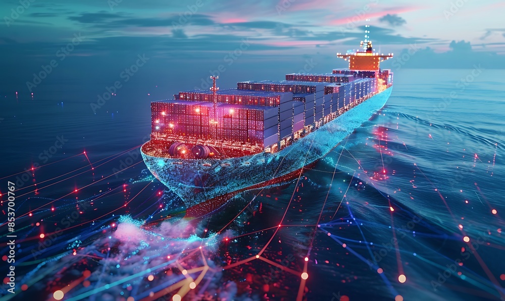 Visualization of a container ship with digital overlays showing real ...