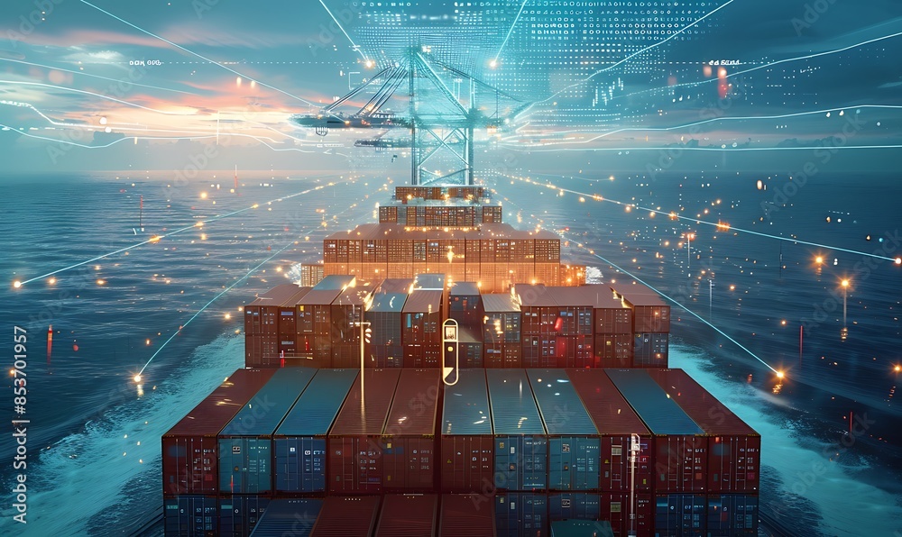 Visualization of a container ship with digital overlays showing real ...