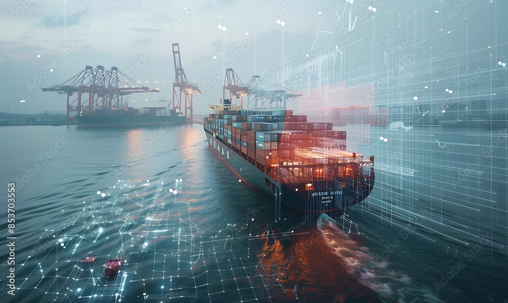 Visualization of a container ship with digital overlays showing real ...