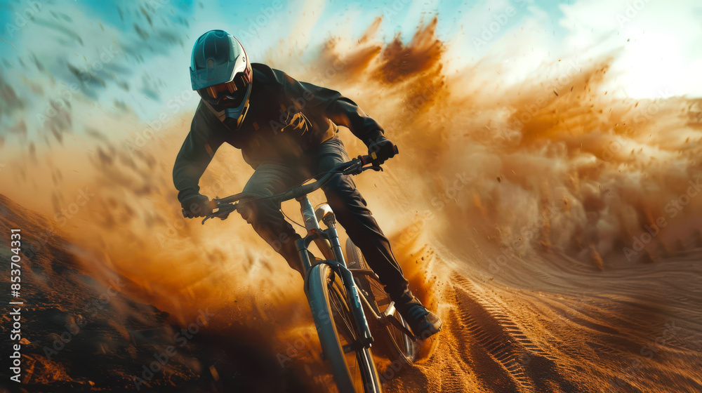 Bmx motocross. A man is riding a bmx bike through a dusty desert area ...
