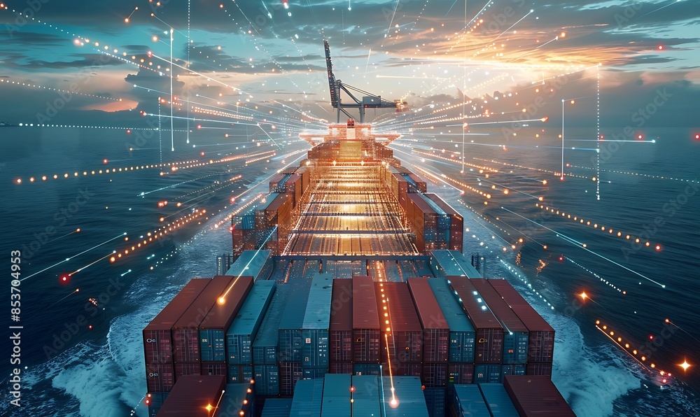 Visualization of a container ship with digital overlays showing real ...