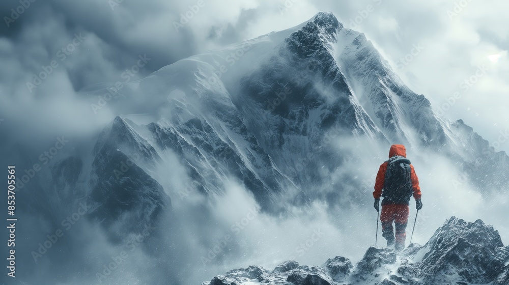 Clad in a red jacket, a mountaineer stands on a snow-covered ridge, facing the daunting, fog ...
