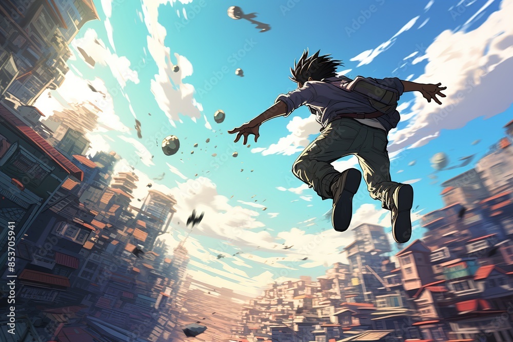 A dynamic anime-style scene captures characters jumping through the air ...