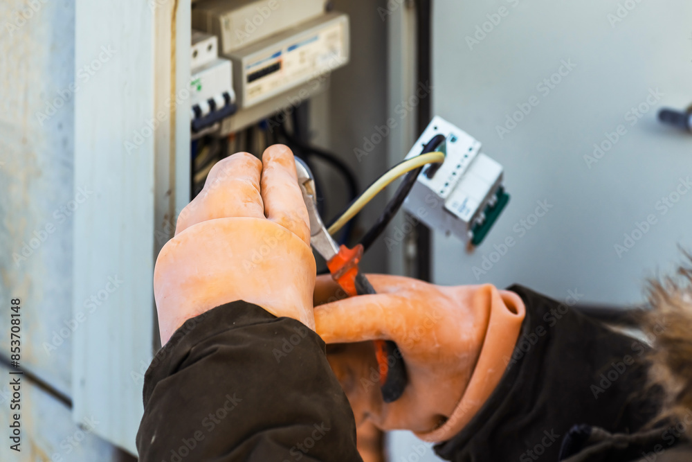An electrician changes a circuit breaker in an electrical panel ...