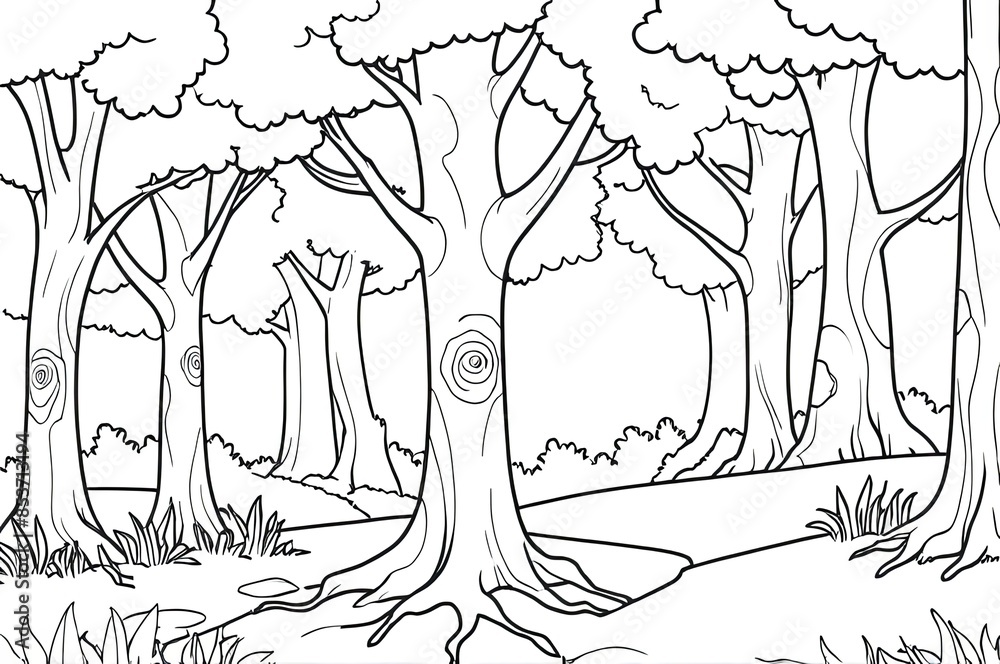 Forest trees, Kids/ adult coloring page book art, black and white ...