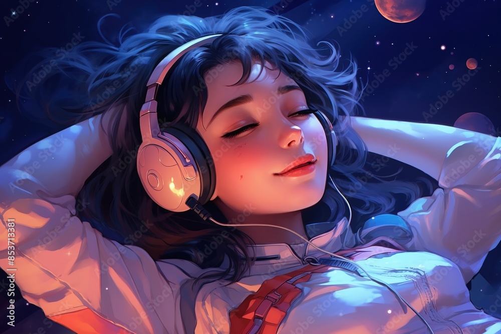 Beautiful anime girl floating in space, listening to music with ...
