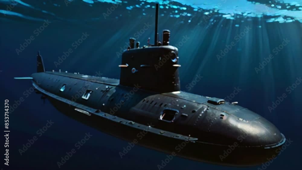 A black submarine is shown from a side view, fully submerged in blue ...