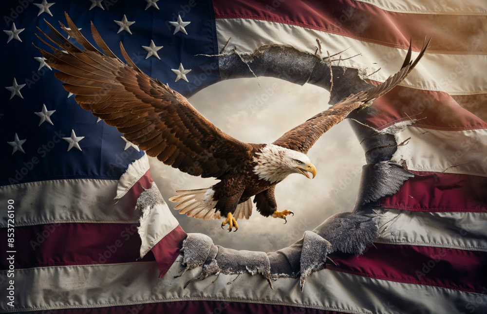 Bald Eagle soaring majestically through a gritty American flag ...