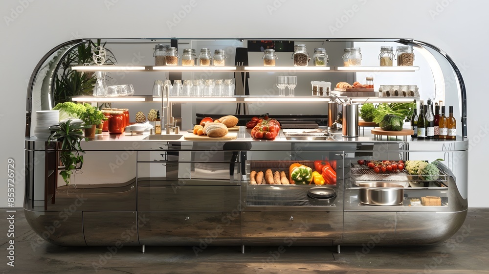 A modern, sleek kitchen buffet setup with a variety of fresh foods and ...