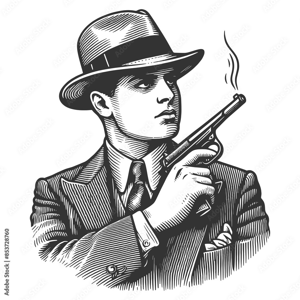 vintage gangster wearing a suit and hat, holding a smoking gun sketch ...