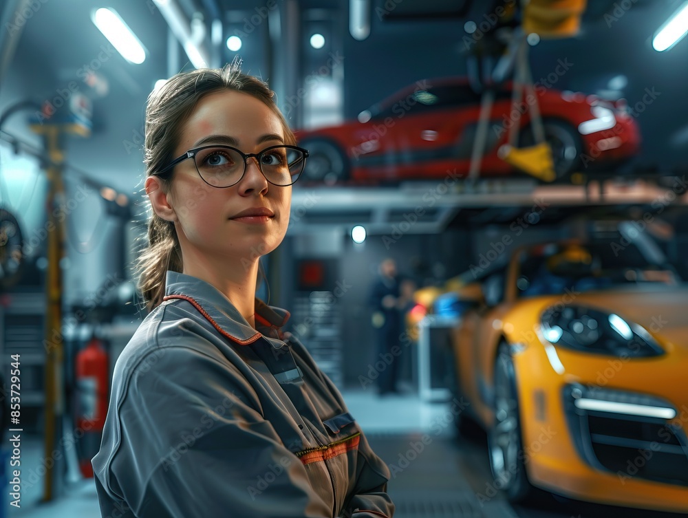 A female automotive engineer in a blue jumpsuit meticulously conducts a ...