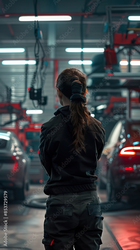 A female automotive engineer in a blue jumpsuit meticulously conducts a ...